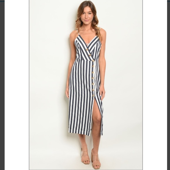 Dresses | Stipe Button Down Summer Midi Dress In White And Blue | Poshmark